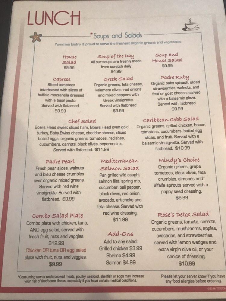 Menu at Yummies Bistro cafe, South Padre Island