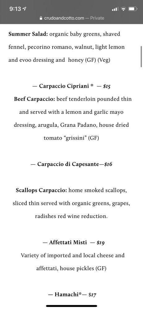 Menu at Crudo & Cotto pub & bar, Tacoma