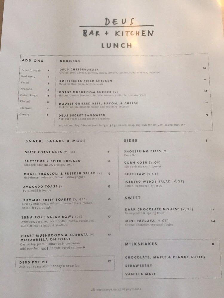 Menu at Deus Cafe, Camperdown, 98-104 Parramatta Rd