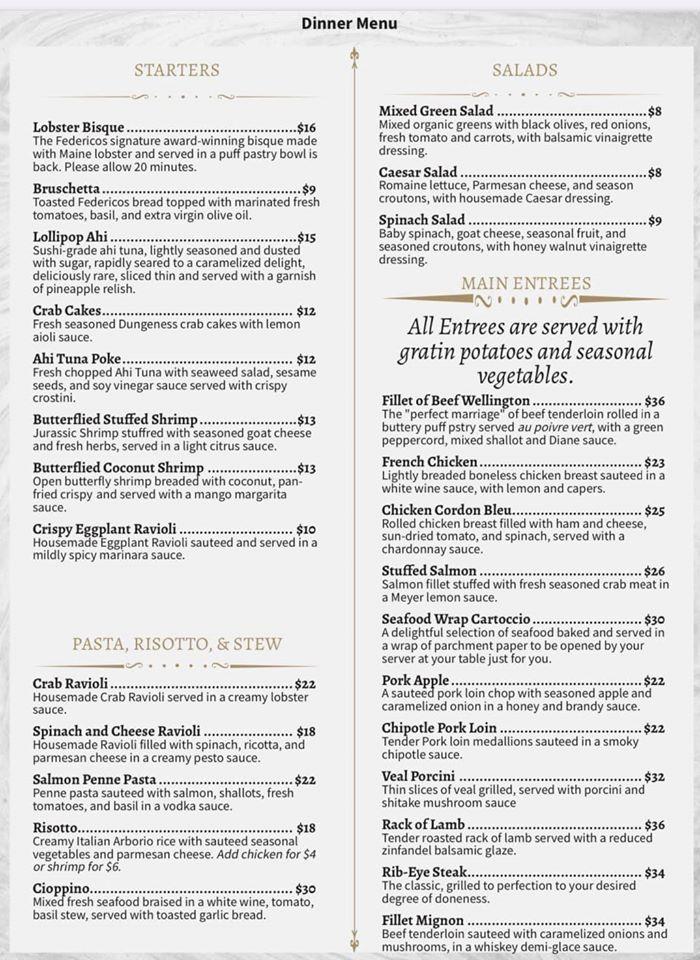 Menu at Federicos' Grill & Catering pub & bar, Fremont