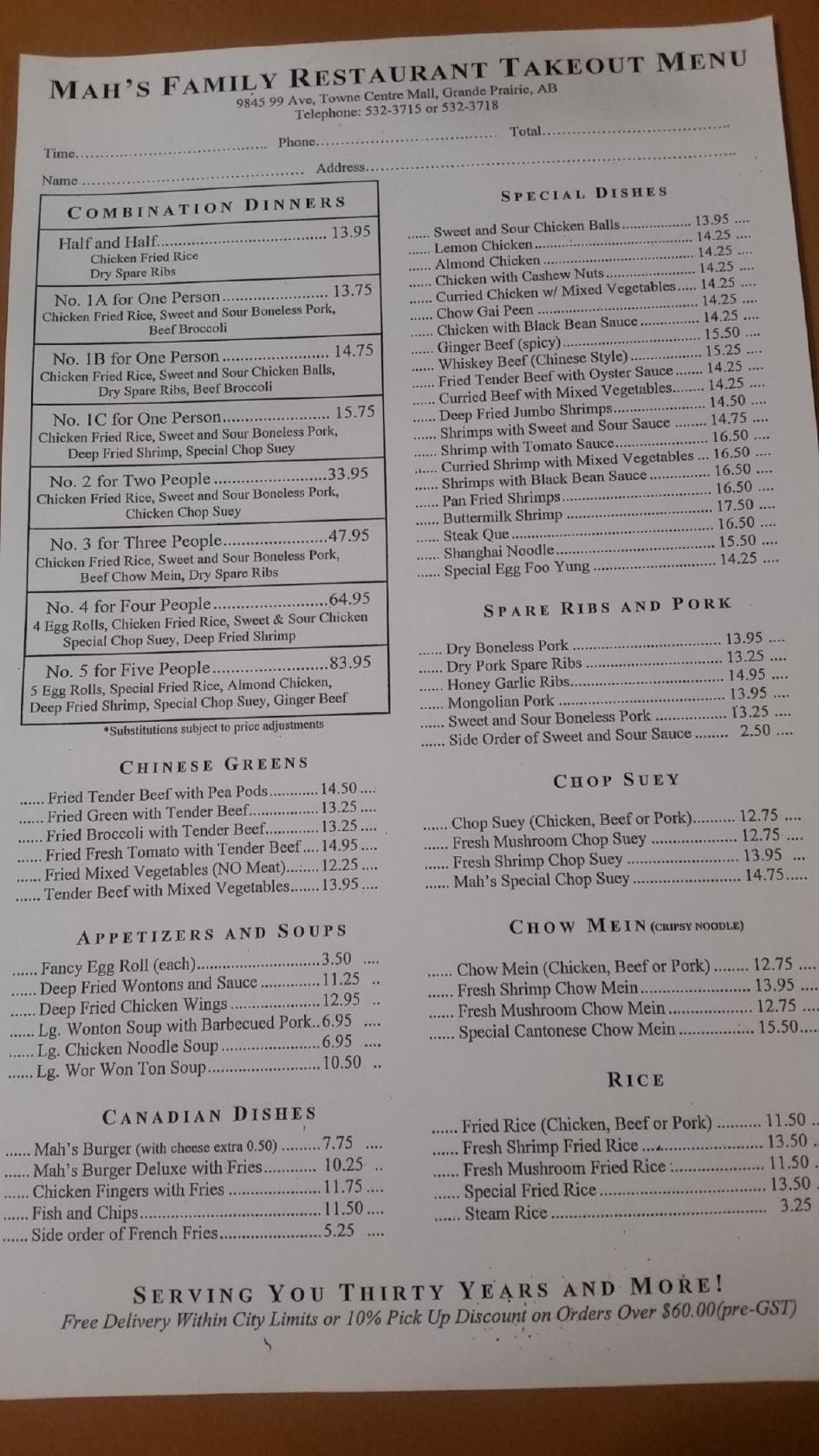 Menu at Mah's Family Restaurant, Grande Prairie