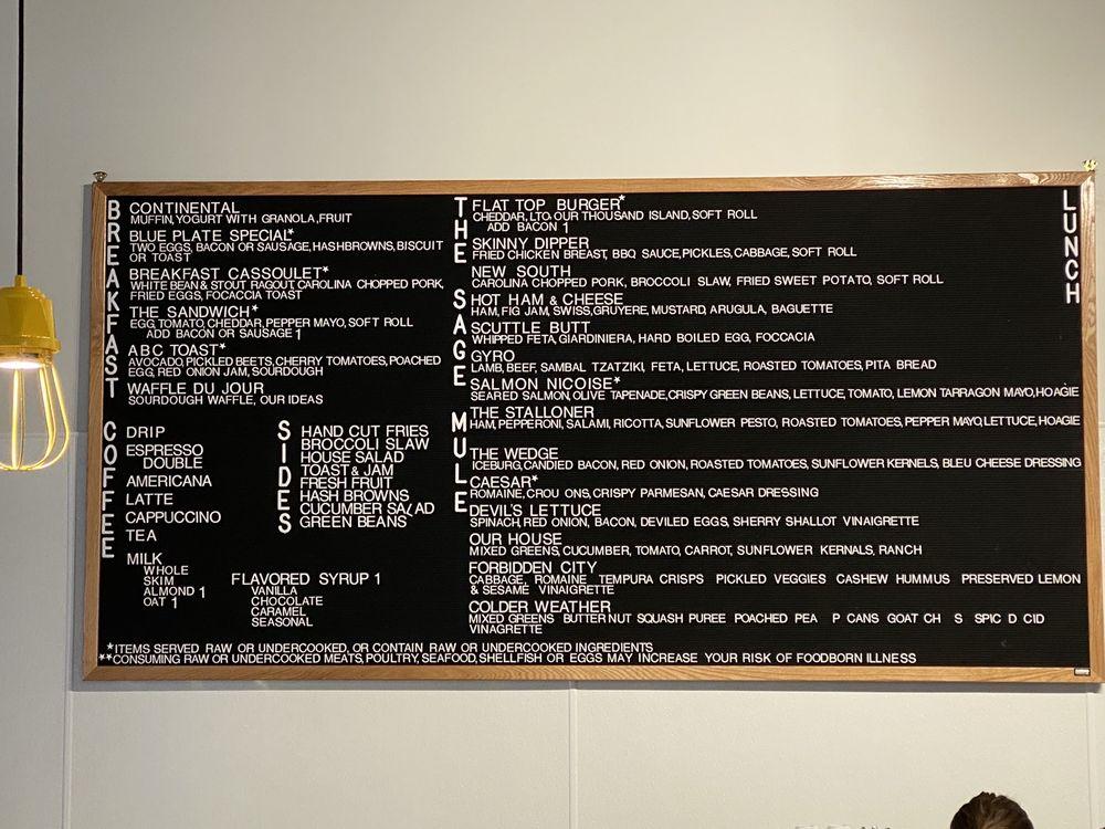 Menu at The Sage Mule restaurant, Greensboro