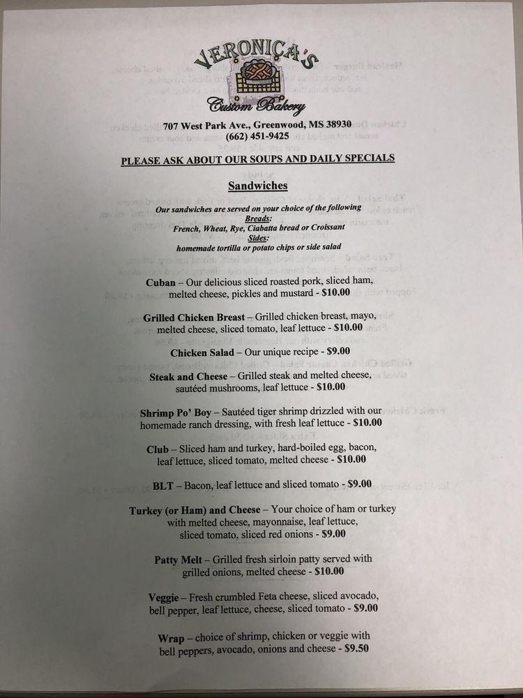Menu at Veronica's Custom Bakery, Greenwood