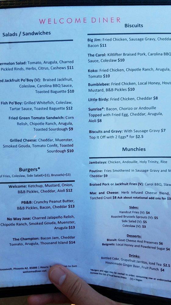 Menu at Welcome Diner restaurant, Phoenix, 929 E Pierce St