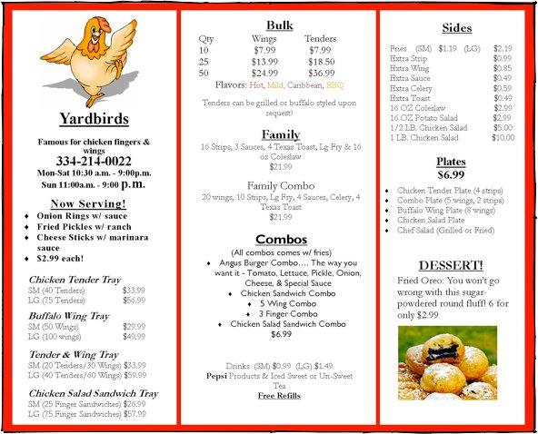 Menu at Yard Birds restaurant, Phenix City, Summerville Rd Ste B