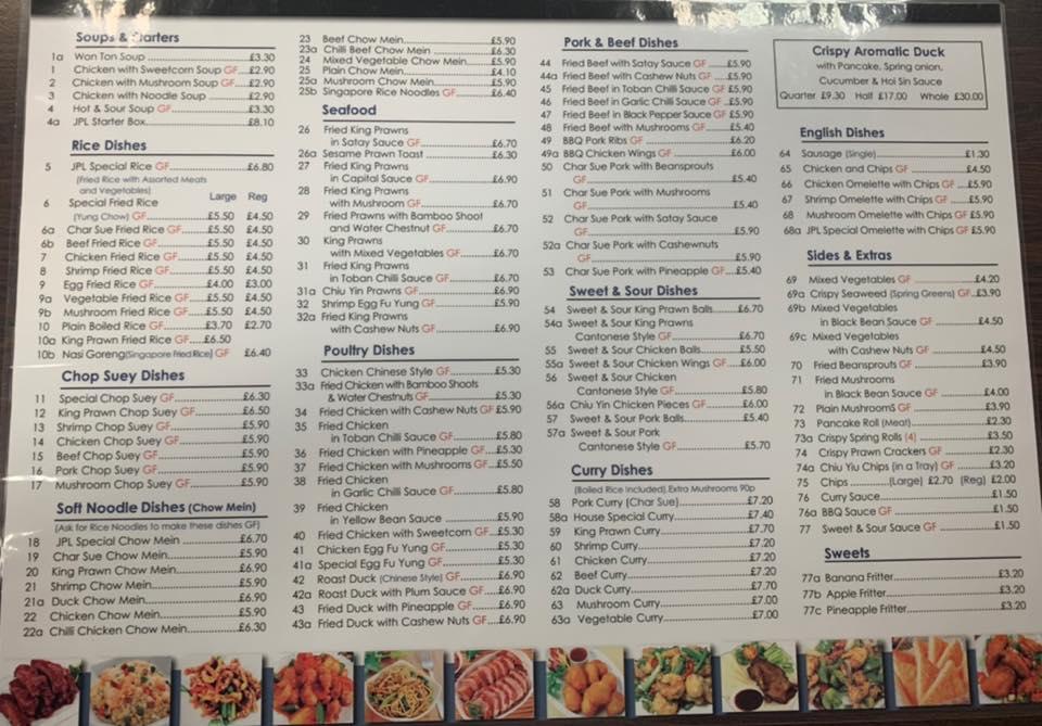 Menu at JPL Peking Express fast food, Carterton