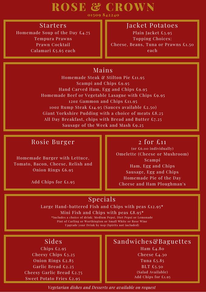 Menu at Rose & Crown Inn, Zouch pub & bar, Loughborough