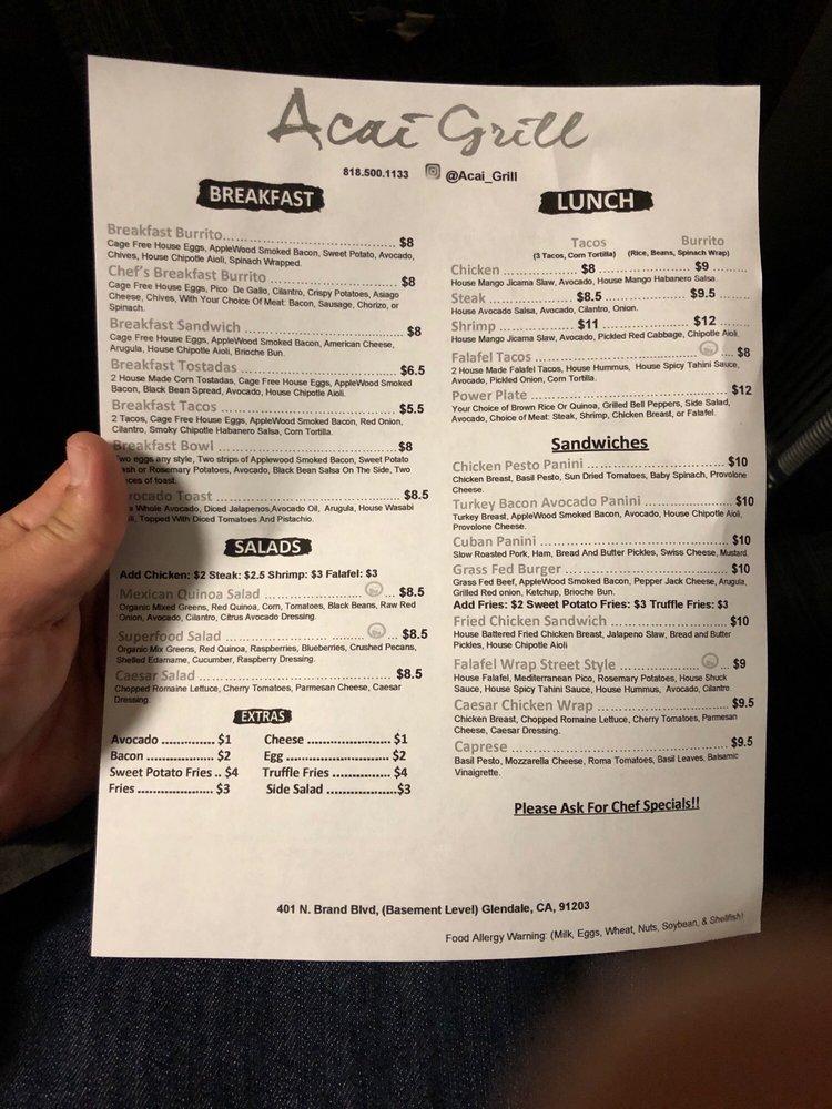 Menu at Acai grill pub & bar, Glendale