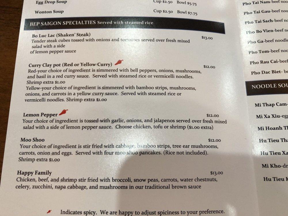 Menu at Bep Saigon restaurant, Austin