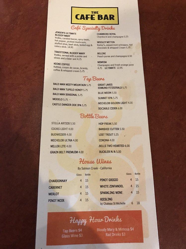 Menu at Jensen's Cafe, Burnsville