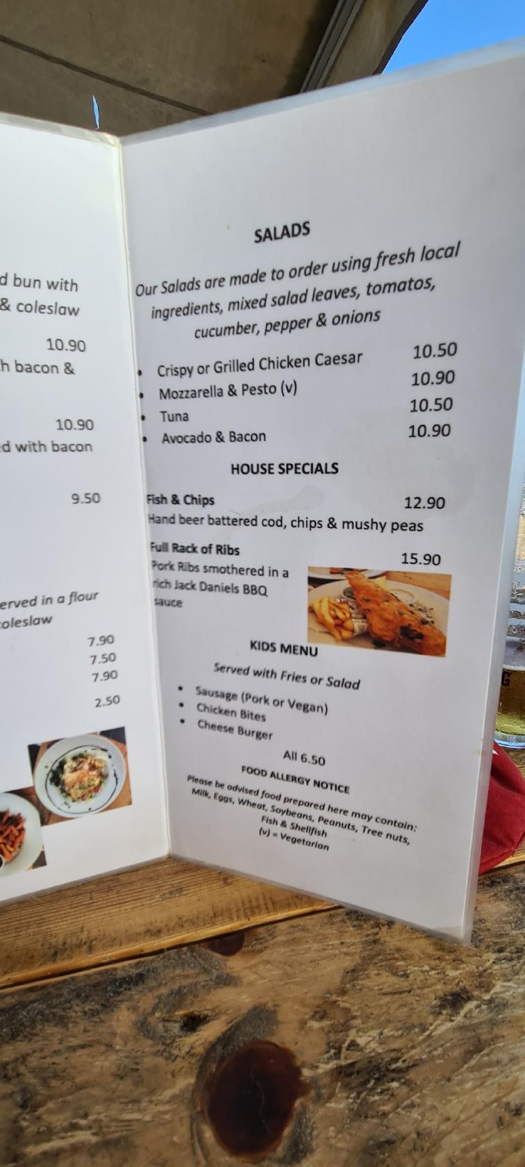 Menu at Bamboo Beach bar, Palmanova