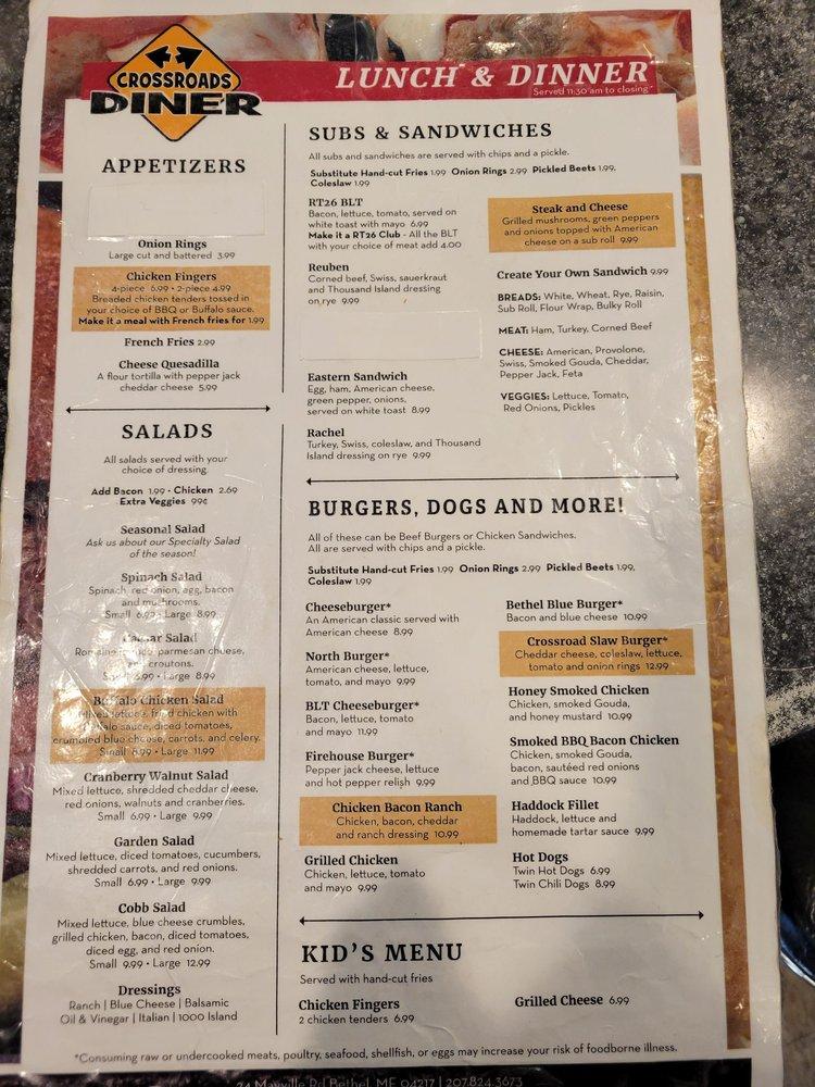 Menu at Crossroads Diner restaurant, Bethel, 24 Mayville Rd