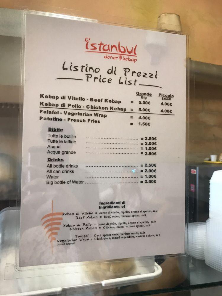 Menu at Istanbul Doner Kebap restaurant, Florence