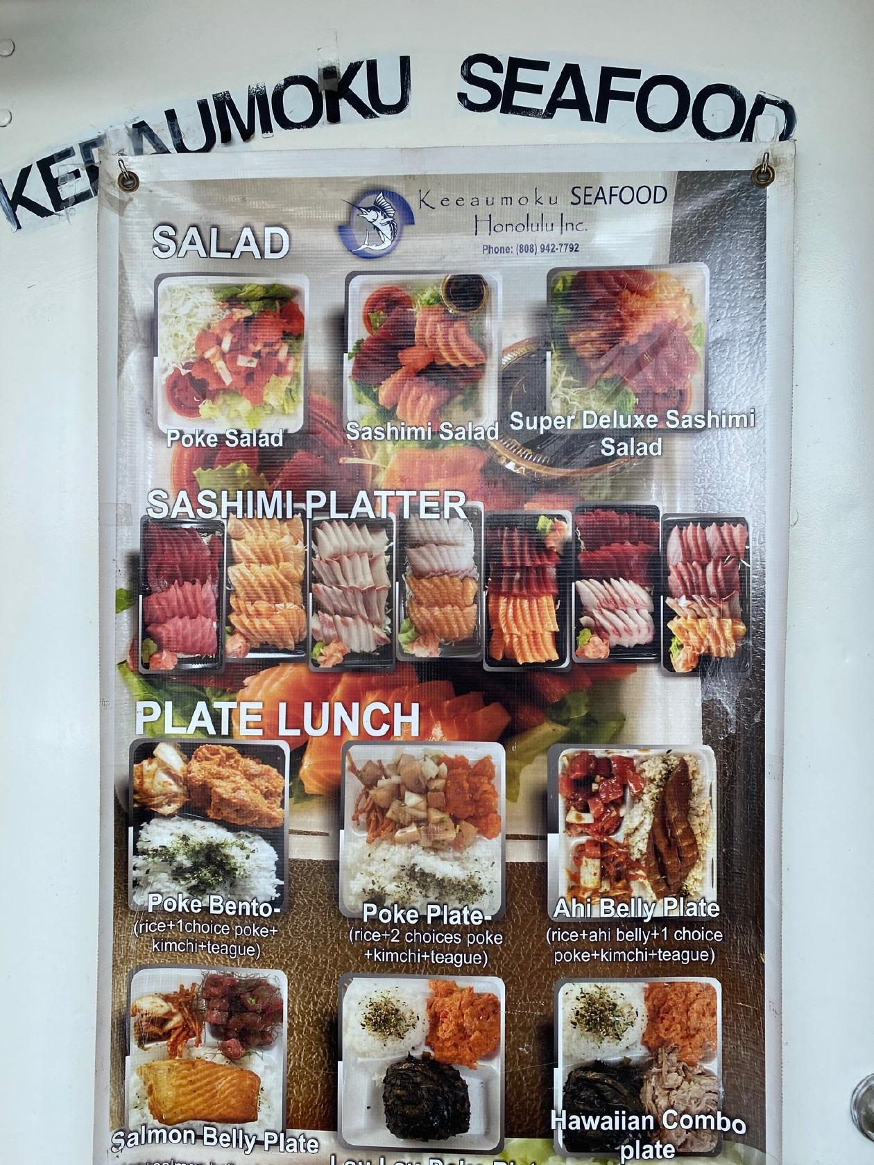 Menu at Keeaumoku Seafood restaurant, Honolulu