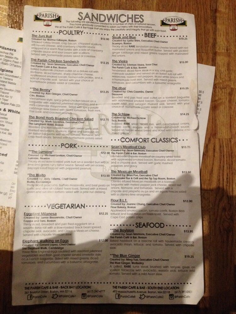 Menu at Parish Cafe & Bar, Boston, 361 Boylston St