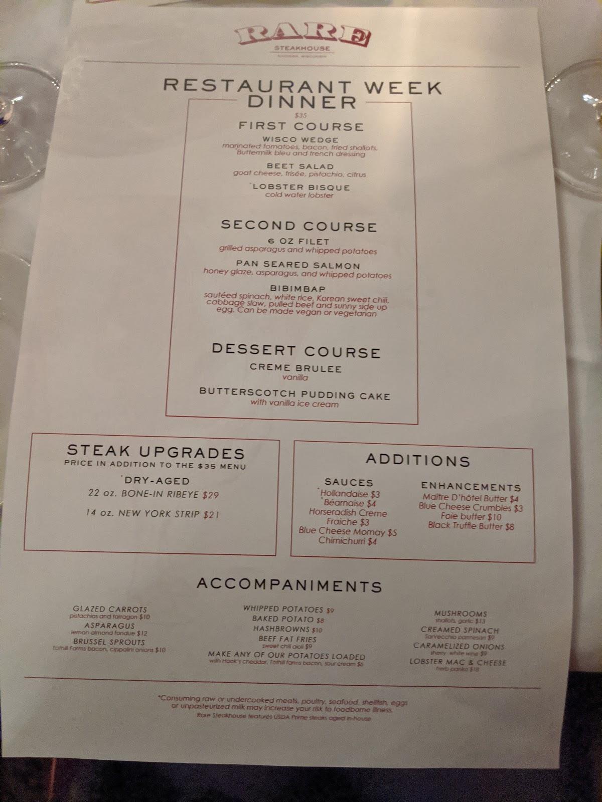 Menu at Rare Steakhouse, Madison