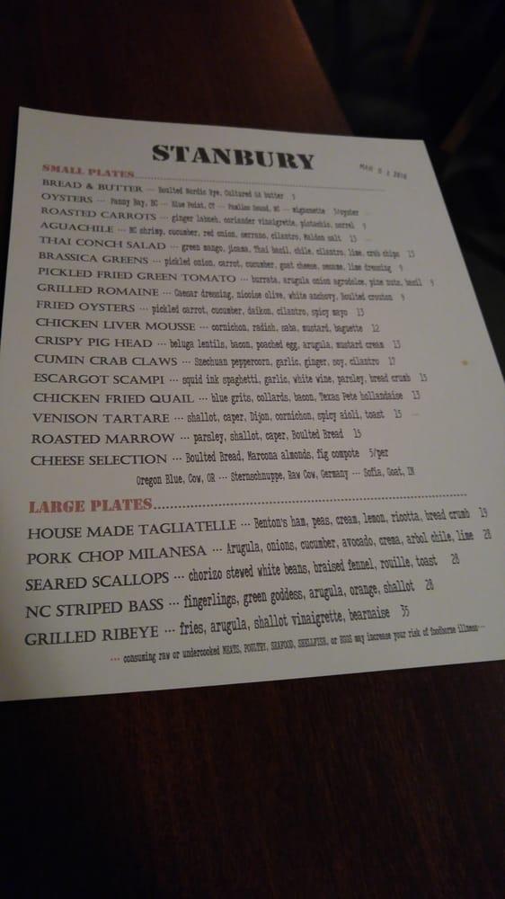 Menu at Stanbury restaurant, Raleigh