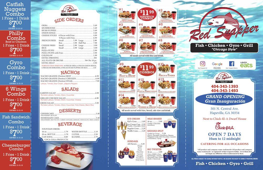 Menu at red snapper fish & chicken restaurant, Hapeville