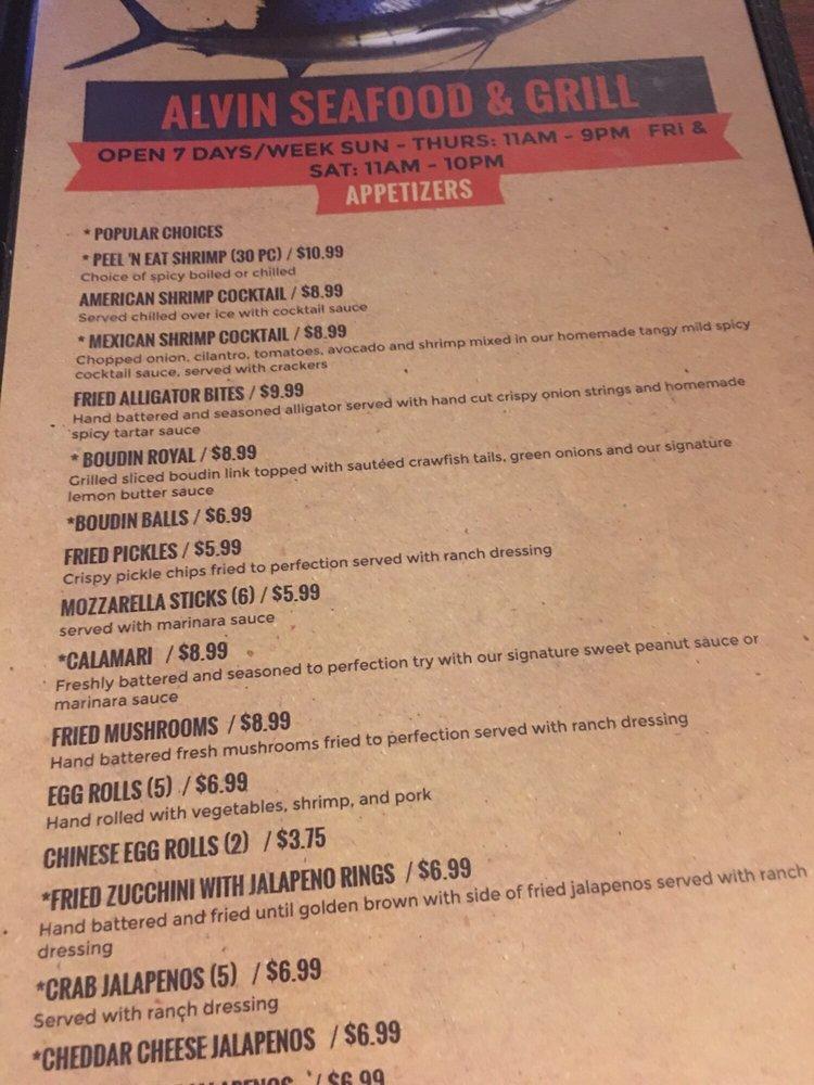 Menu at Alvin Seafood & Grill restaurant, Alvin, 617 S Gordon St