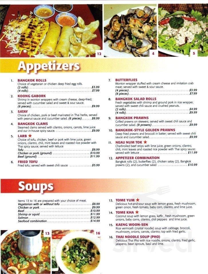 Menu at Bangkok Thai Cuisine restaurant, Kennewick