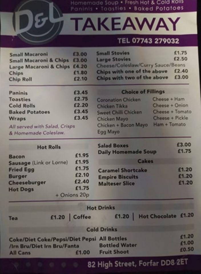 Menu at D&L Takeaway Coffee Shop & Takeaway restaurant, Forfar