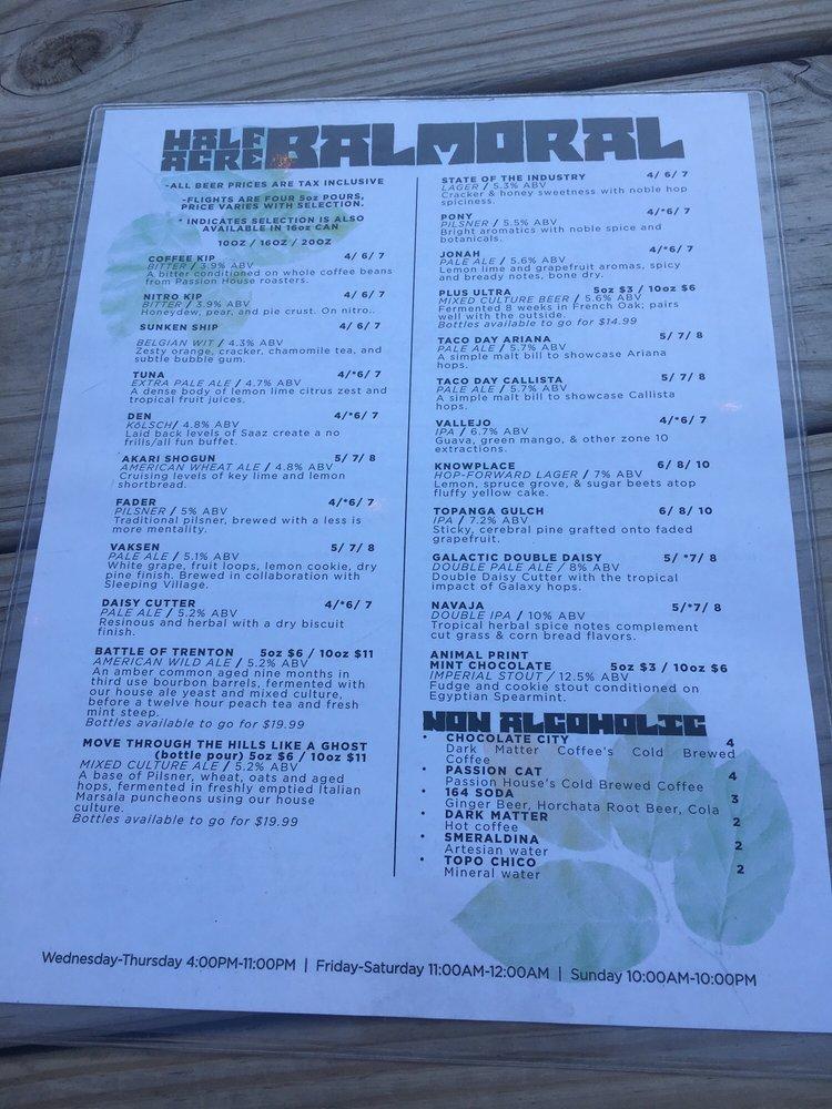 Menu at Half Acre Beer pub & bar, Chicago