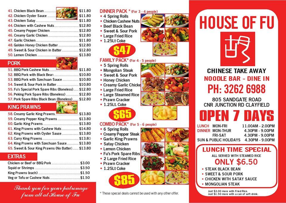 Menu at House of Fu fast food, Clayfield