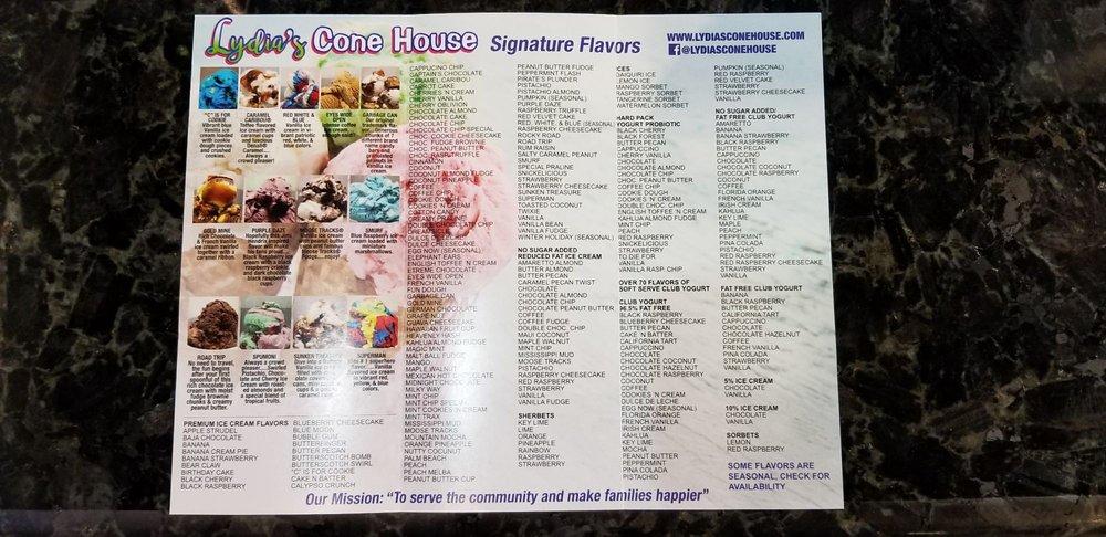 Menu at Lydia's Cone House restaurant, Corpus Christi