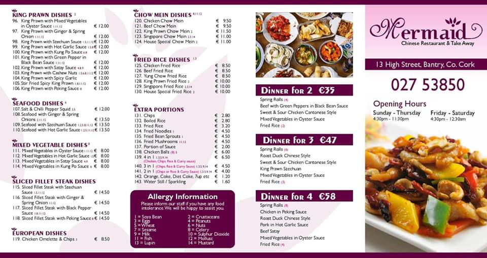 Menu at Mermaid Chinese Restaurant, Bantry