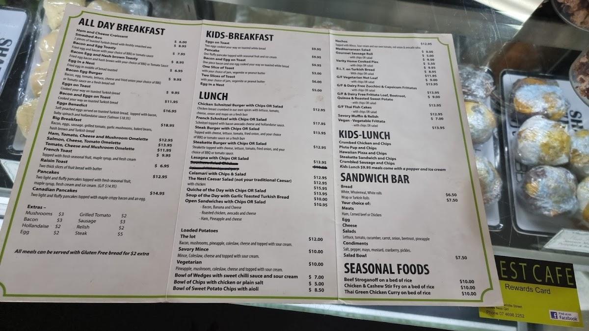 Menu at The Nest Cafe, Crows Nest