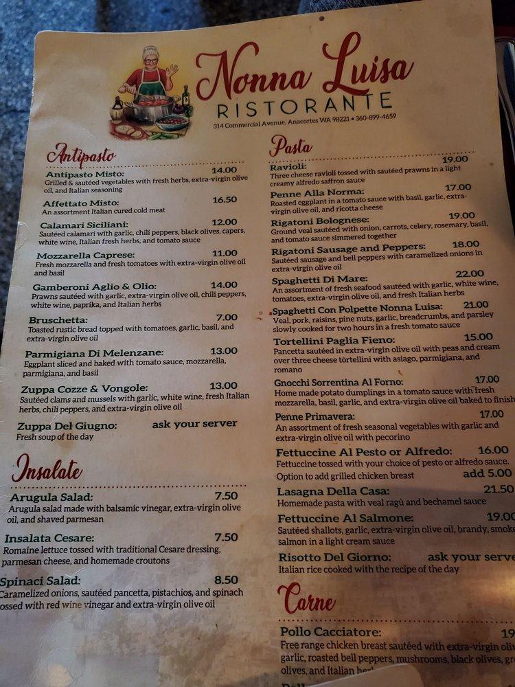 Menu at Nonna Luisa Ristorante restaurant, Anacortes