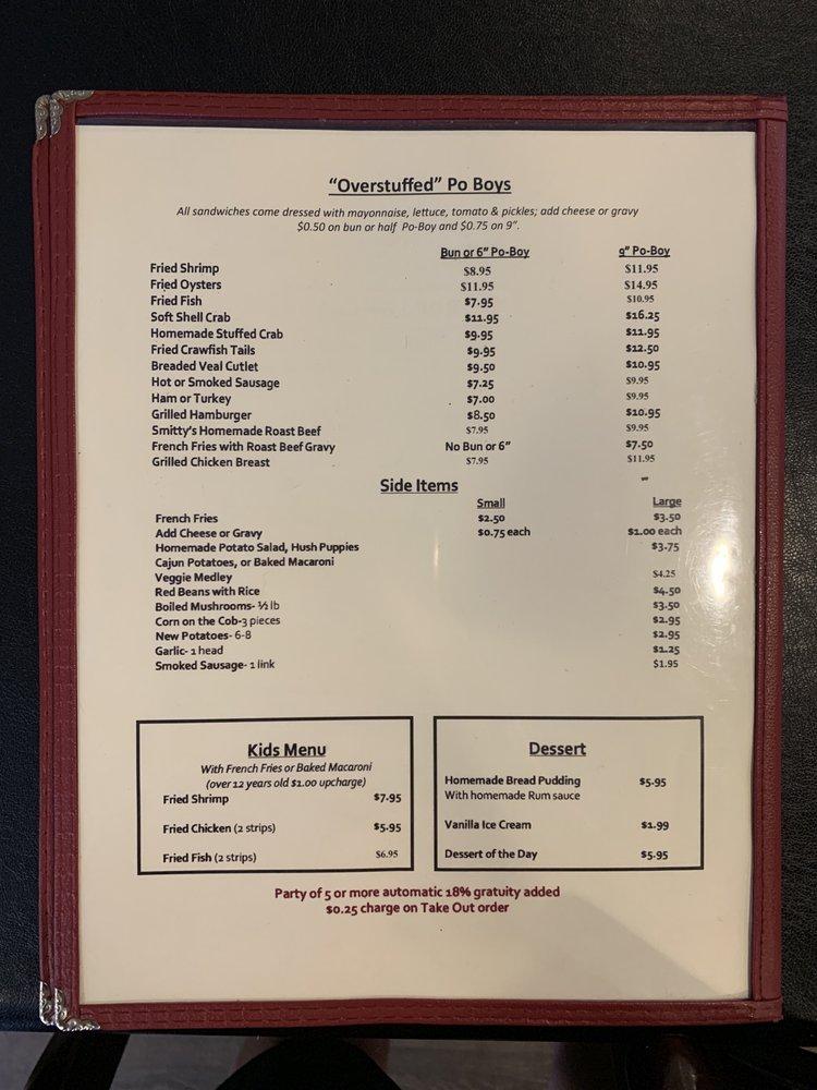 Menu at Smitty's Seafood restaurant, Kenner, W Esplanade Ave