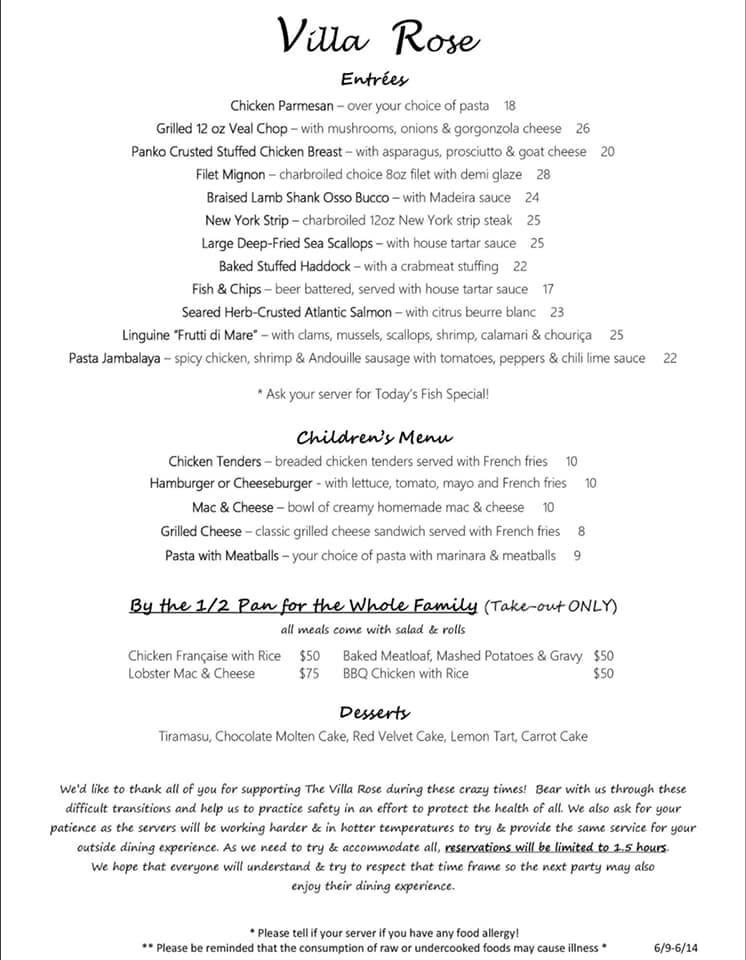 Menu at Villa Rose Restaurant & Lounge, Ludlow