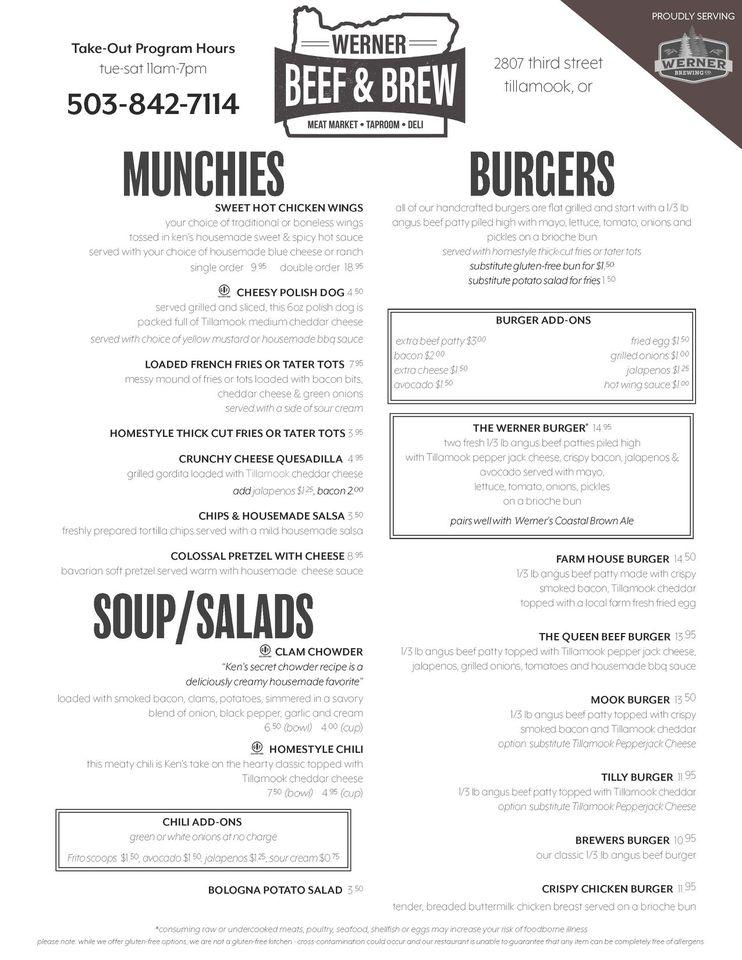 Menu at Werner Beef & Brew restaurant, Tillamook