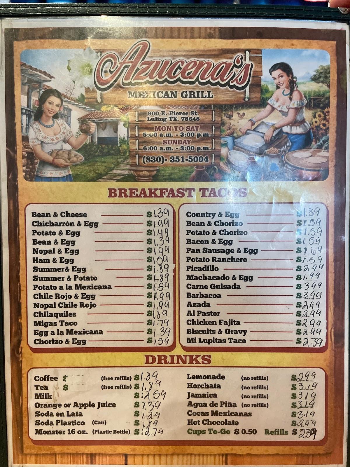 Menu at Azusena's Mexican Grill restaurant, Luling