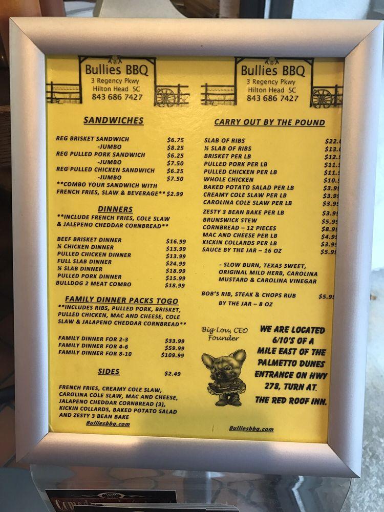 Menu at Bullies BBQ, Hilton Head Island