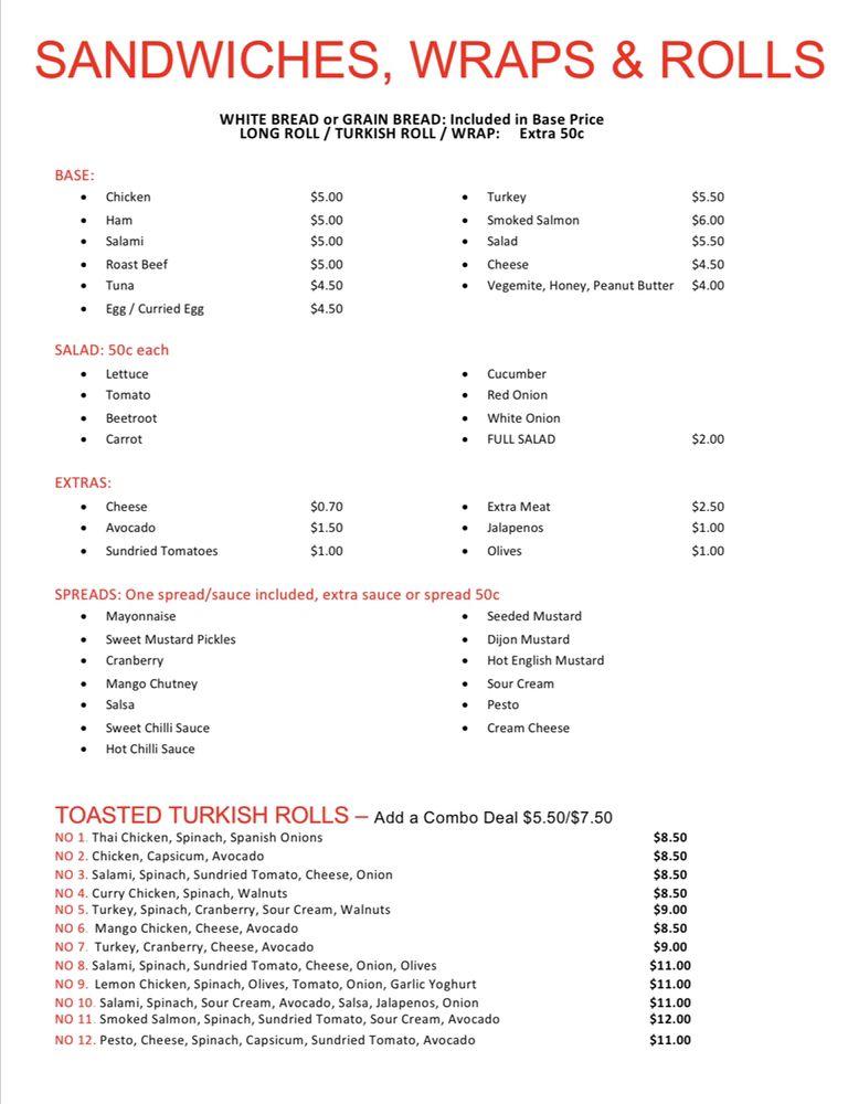 Menu at Chews on Hughes cafe, Batemans Bay