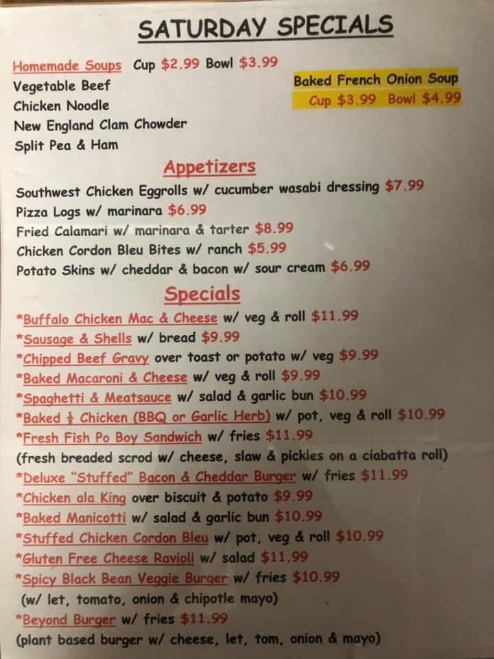 Menu at Fall's Diner restaurant, Hoosick Falls