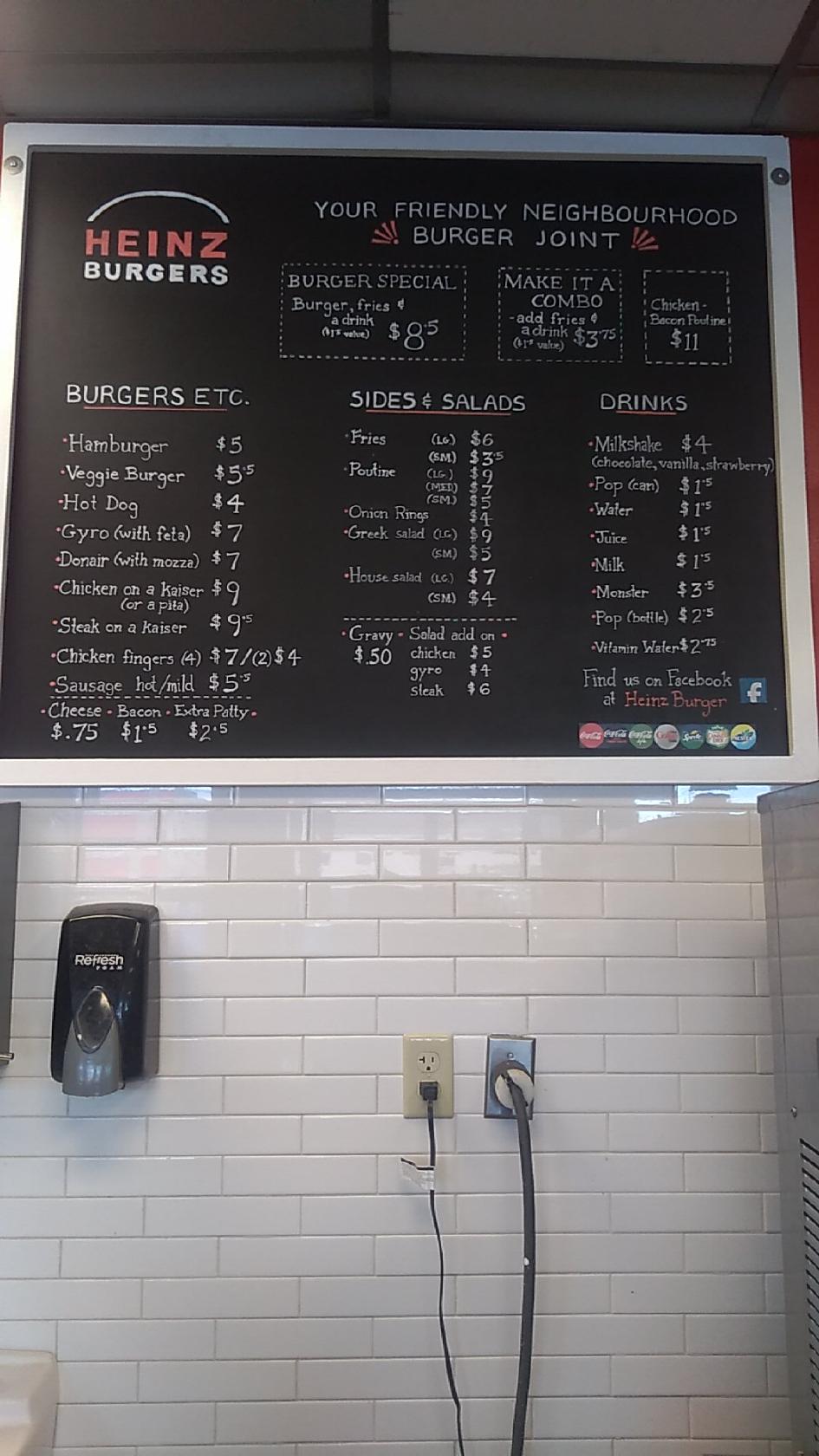 Menu at Heinz Burger Co. restaurant, Barrie