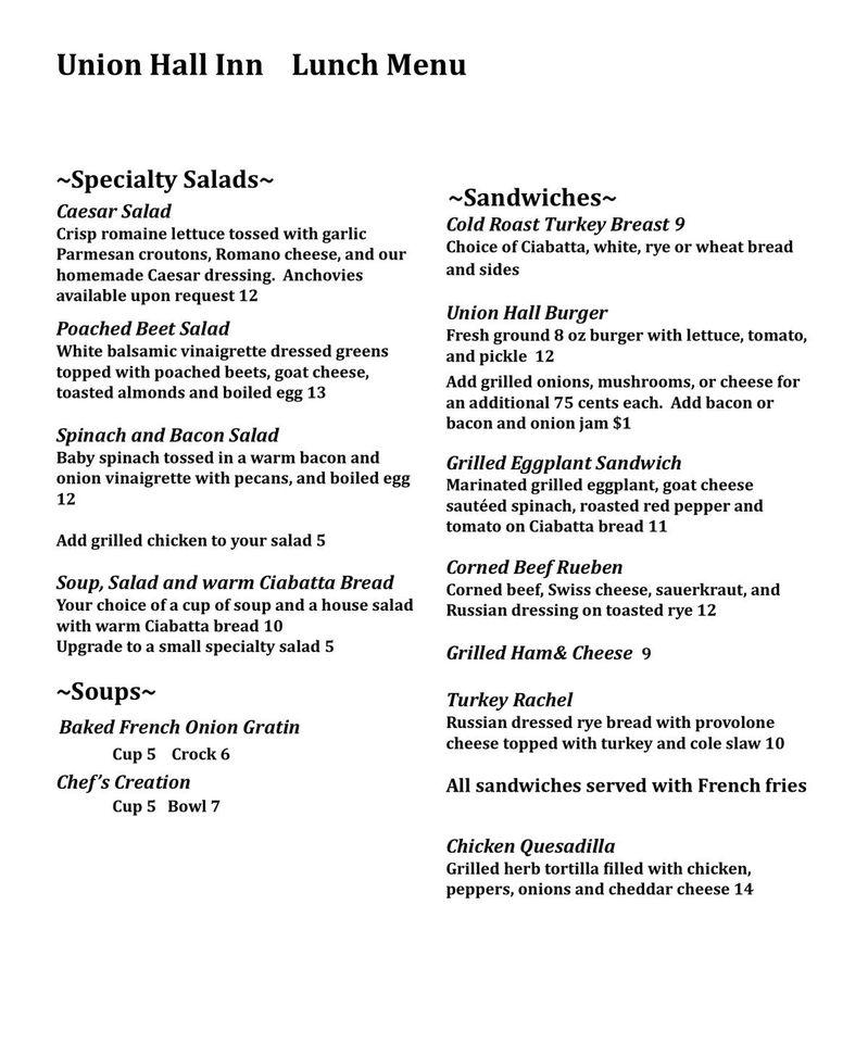 Menu at Union Hall Inn Restaurant & Catering, Johnstown
