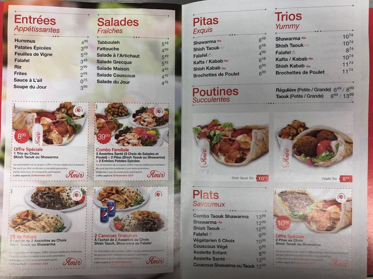 Menu au Amir restaurant, Mascouche