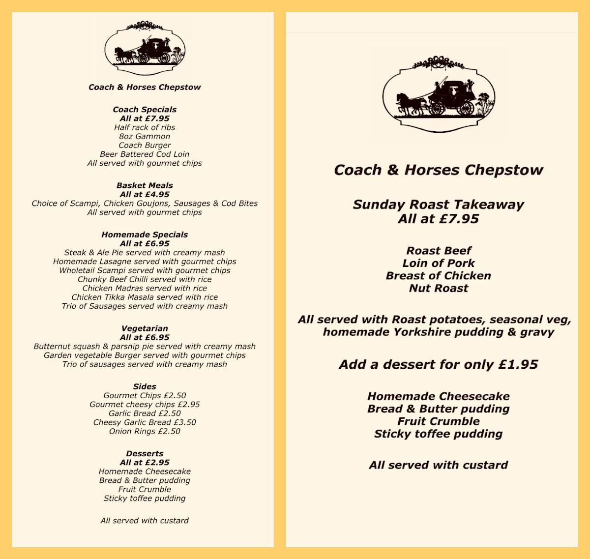 Menu at Coach & Horses Chepstow Monmouthshire Pub, Chepstow