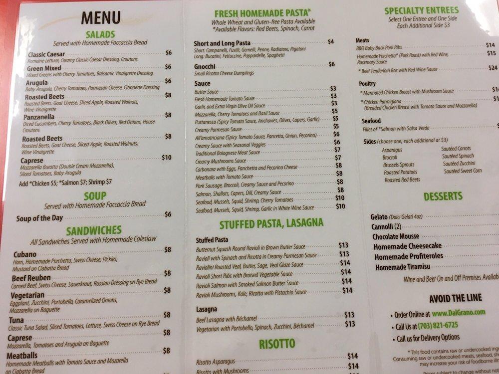 Menu at Dal Grano restaurant, McLean