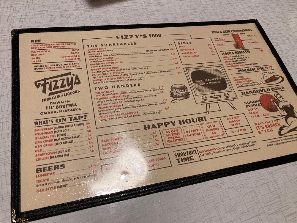 Menu at Fizzy's Fountain & Liquors pub & bar, Omaha