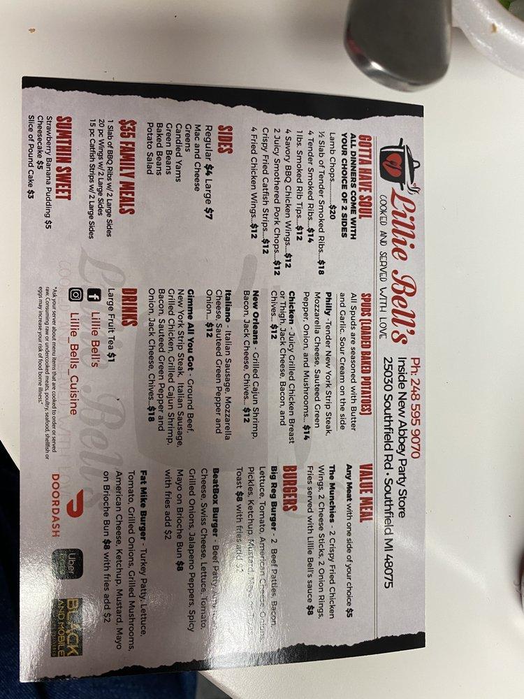 Menu at Lillie Bell's restaurant, Southfield