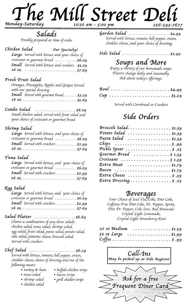 Menu at Mill Street Deli restaurant, Boaz