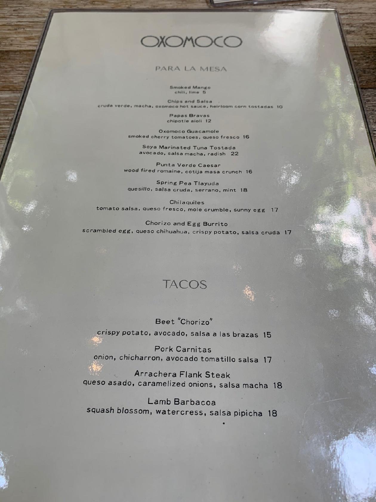 Menu at Oxomoco restaurant, New York City