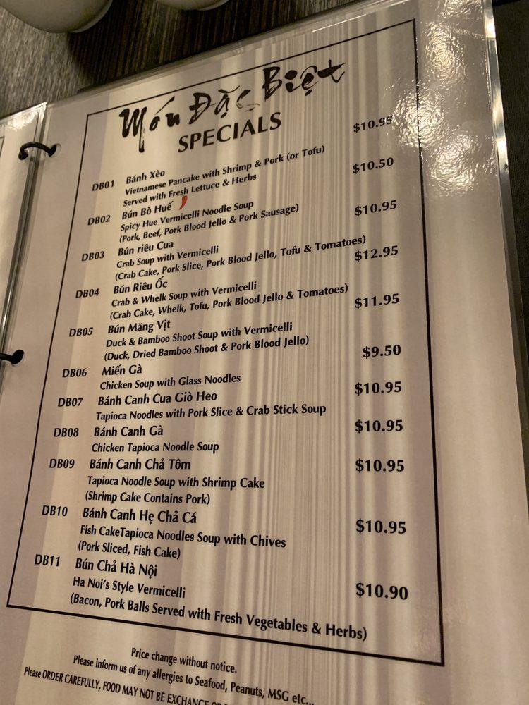 Menu at Pho Now restaurant, Toronto
