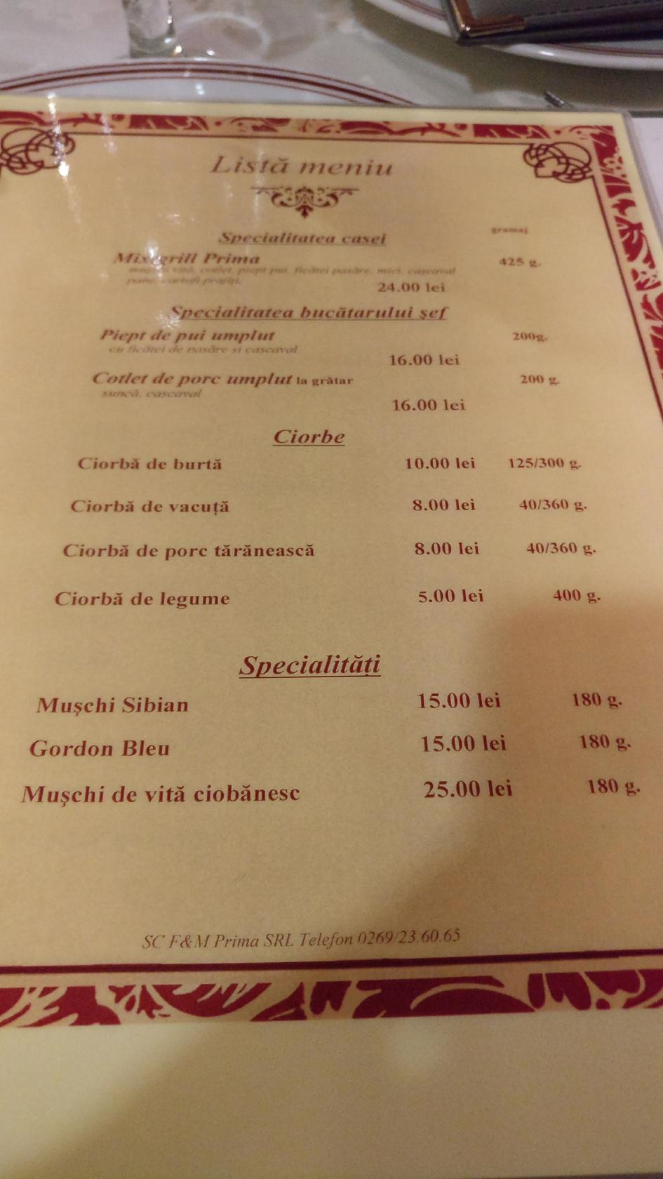 Menu at Restaurant Prima, Sibiu