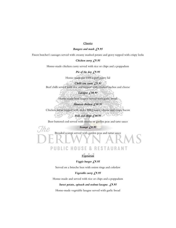 Menu at The Derlwyn Arms restaurant, Upper Brynamman